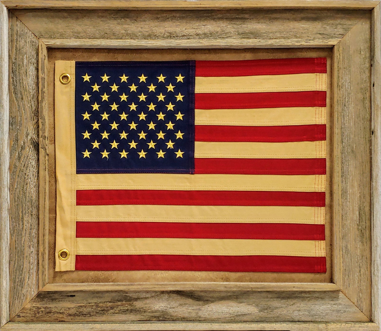 Framed Barnwood American Flag with Grommets | Cotton Cloth Embroidered ...